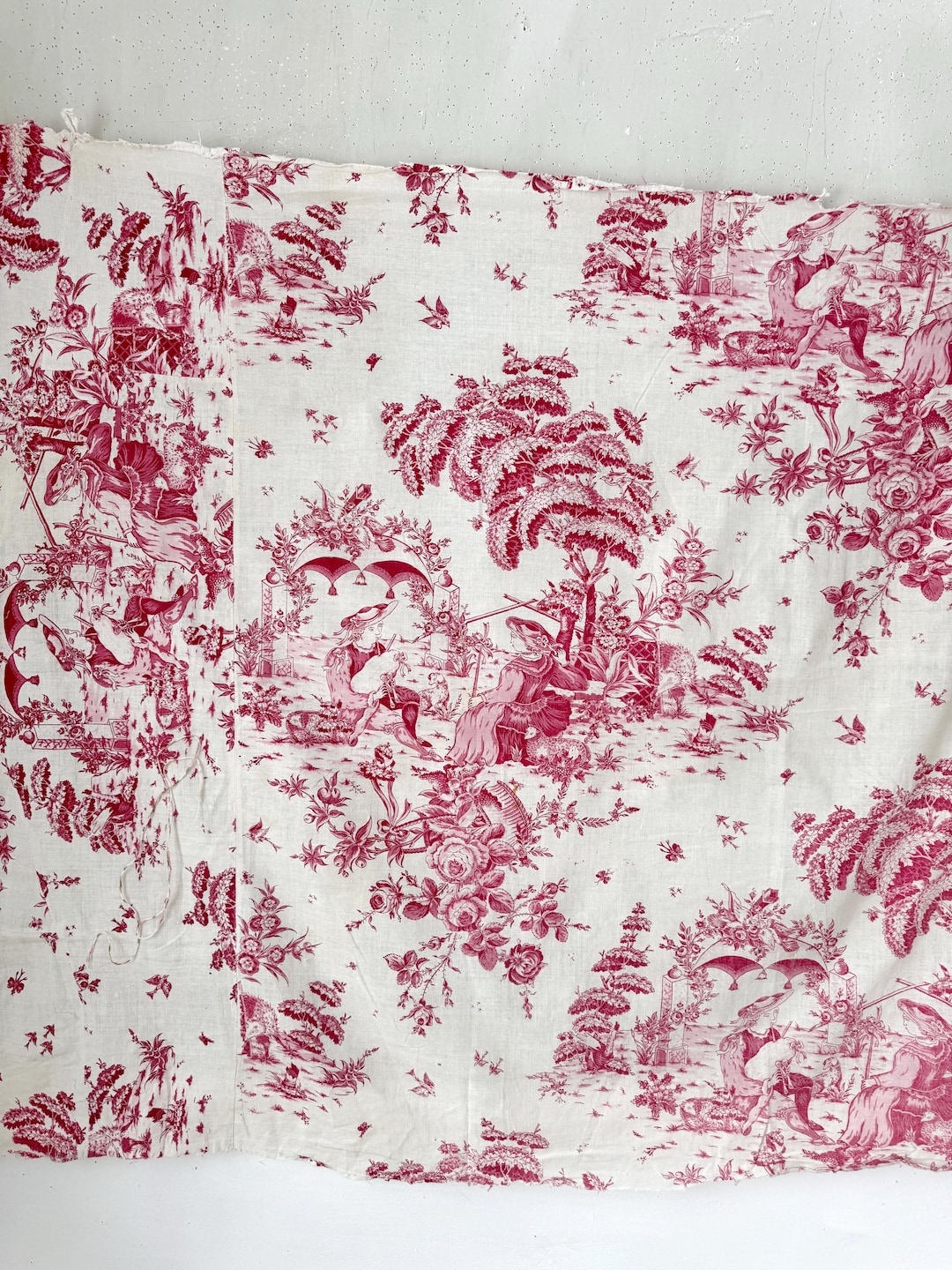 53x44 1780 Antique French Toile Fabric Bed Valance Angers Siamoise 18th ...