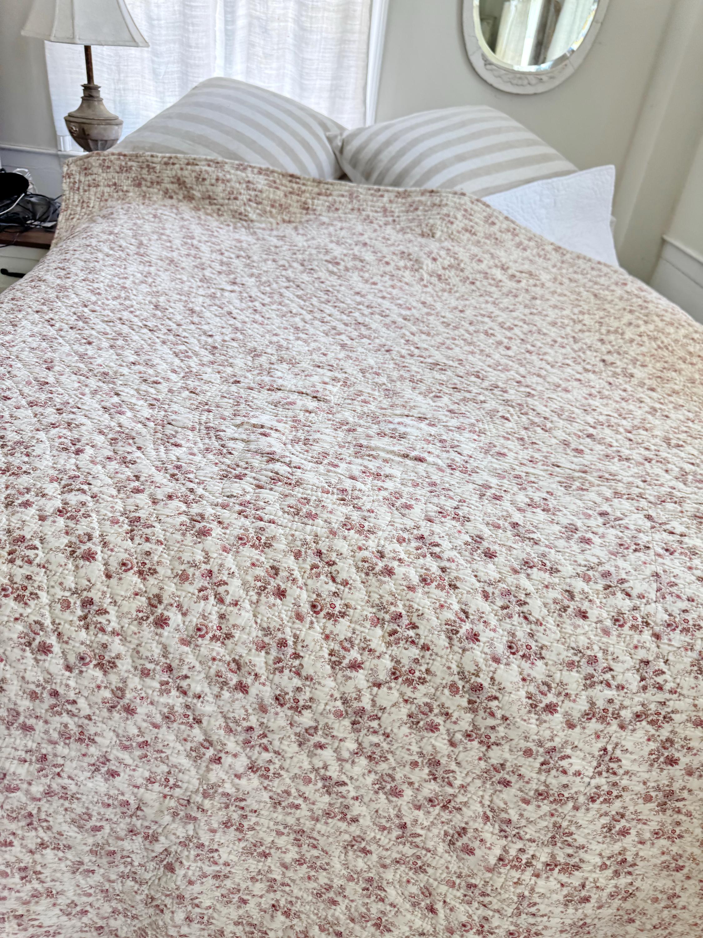 91x85 French Antique Quilt Hand Stitched Floral Printed Cotton Boutis ...