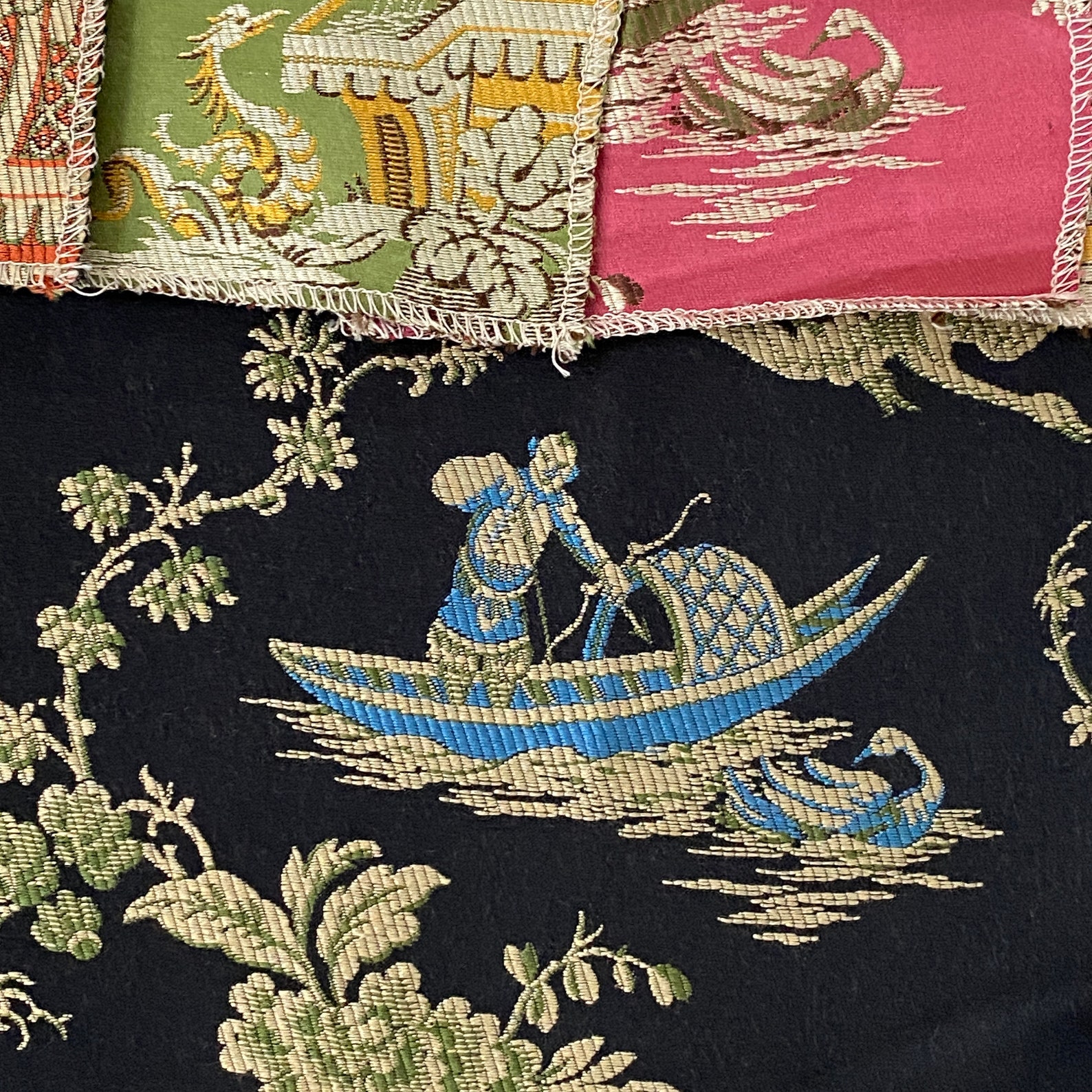 23x25 20th BLACK Century Silk Lampas De Lyon Sample Fabric Material ...