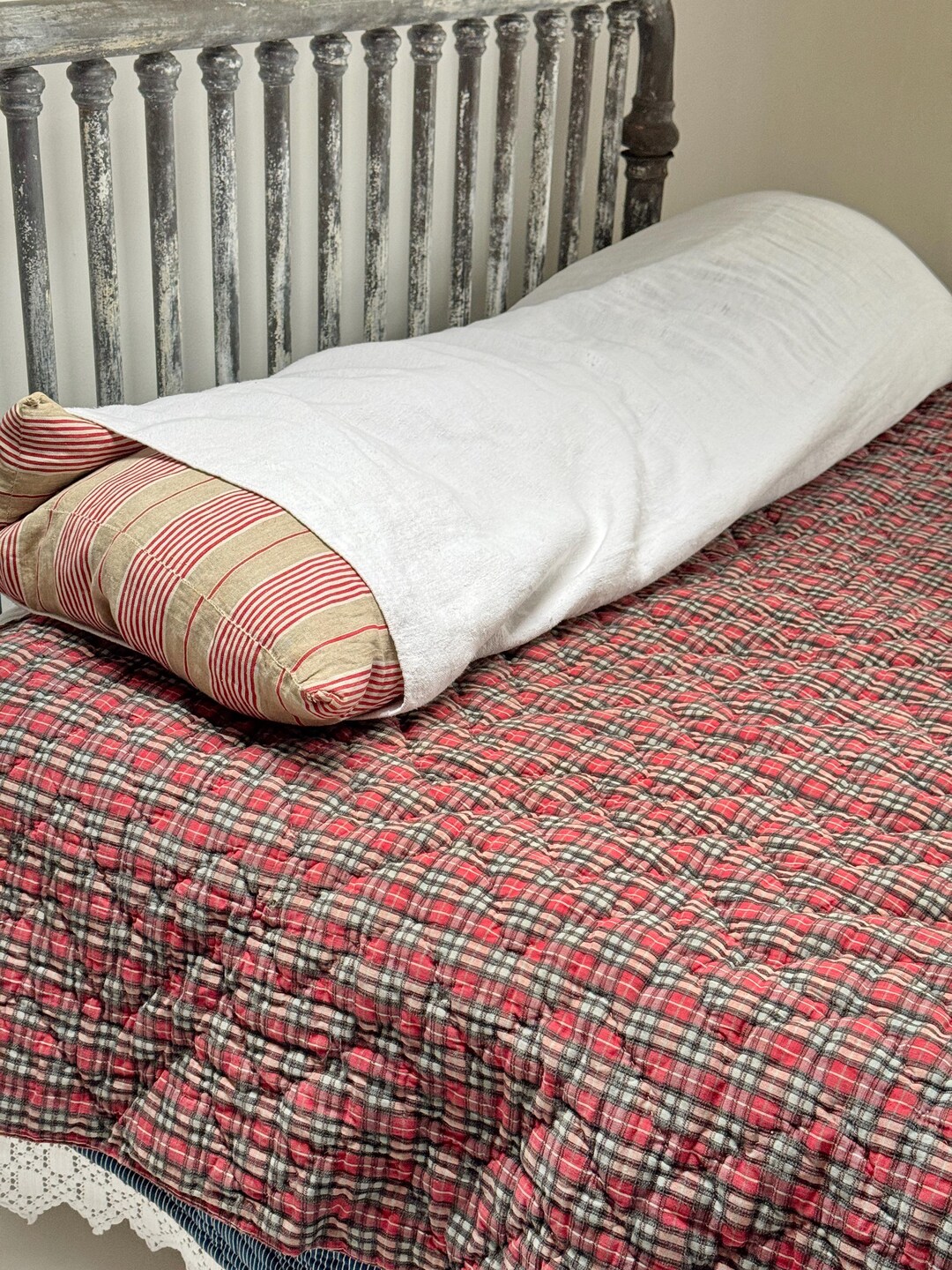 82x75 Antique French Plaid Quilt Rustic Log Cabin Decor Primitive ...