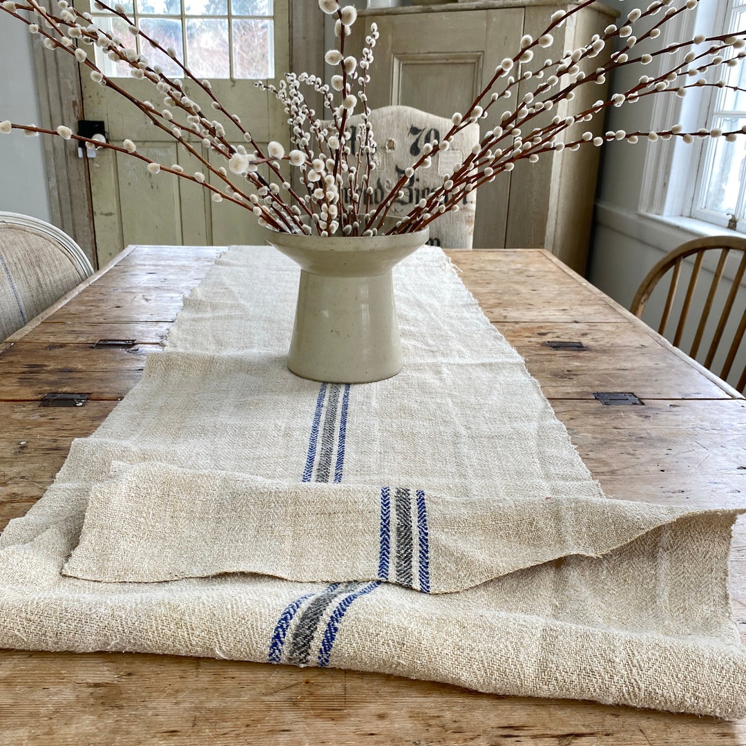 Modern Farmhouse Table Runner Hemp Hand Woven Blue Gray Stripes Hand ...
