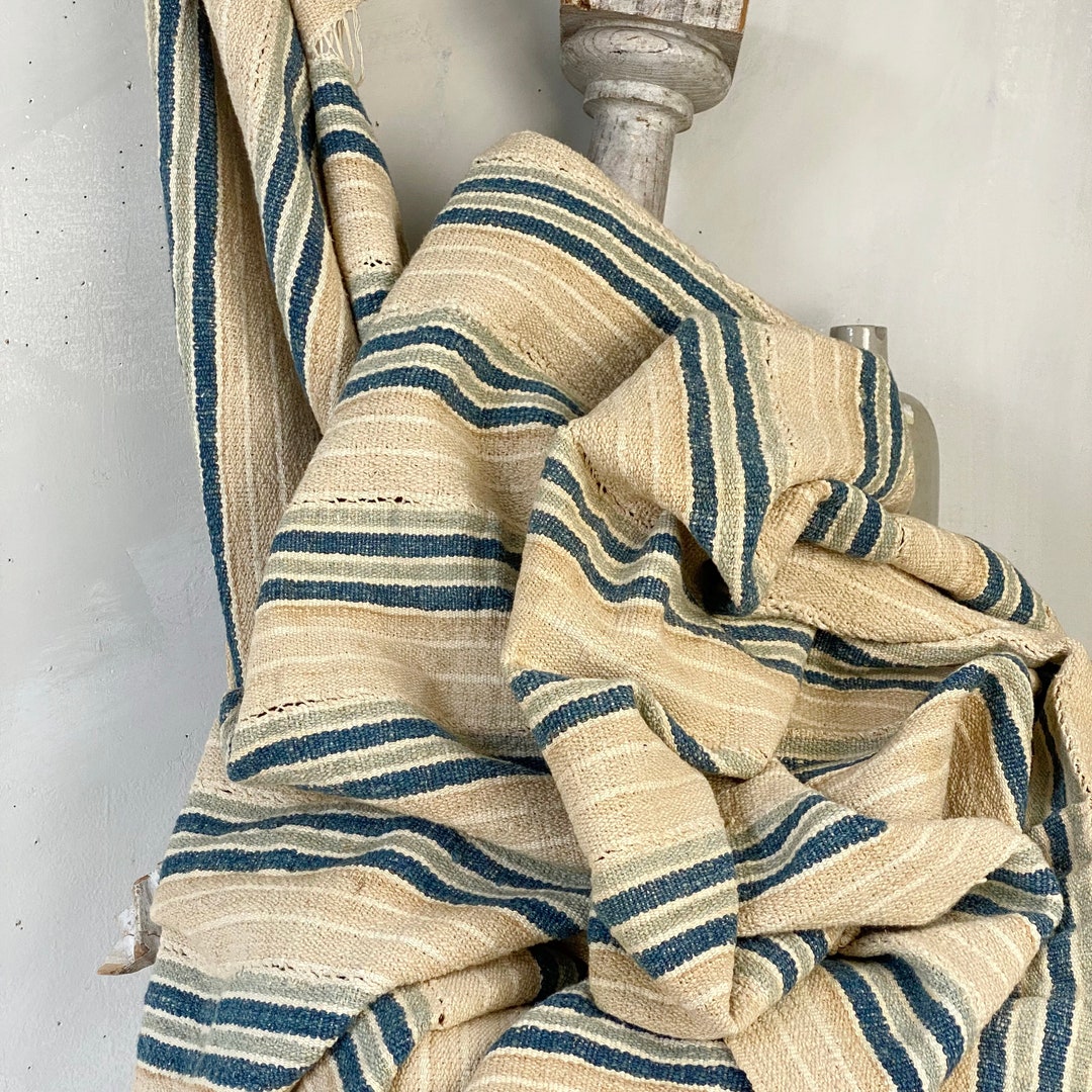 Antique Hand Woven Nubby Cotton Linen Blue Striped Stripes French ...
