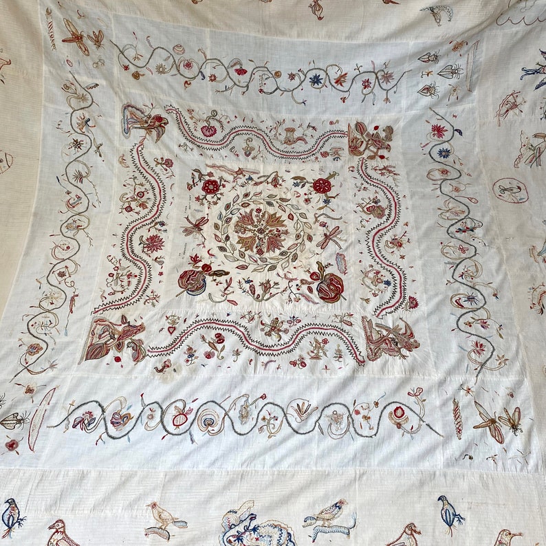 108x108 1818 Needlework Embroidered Antique Bedcover Coverlet Bed ...