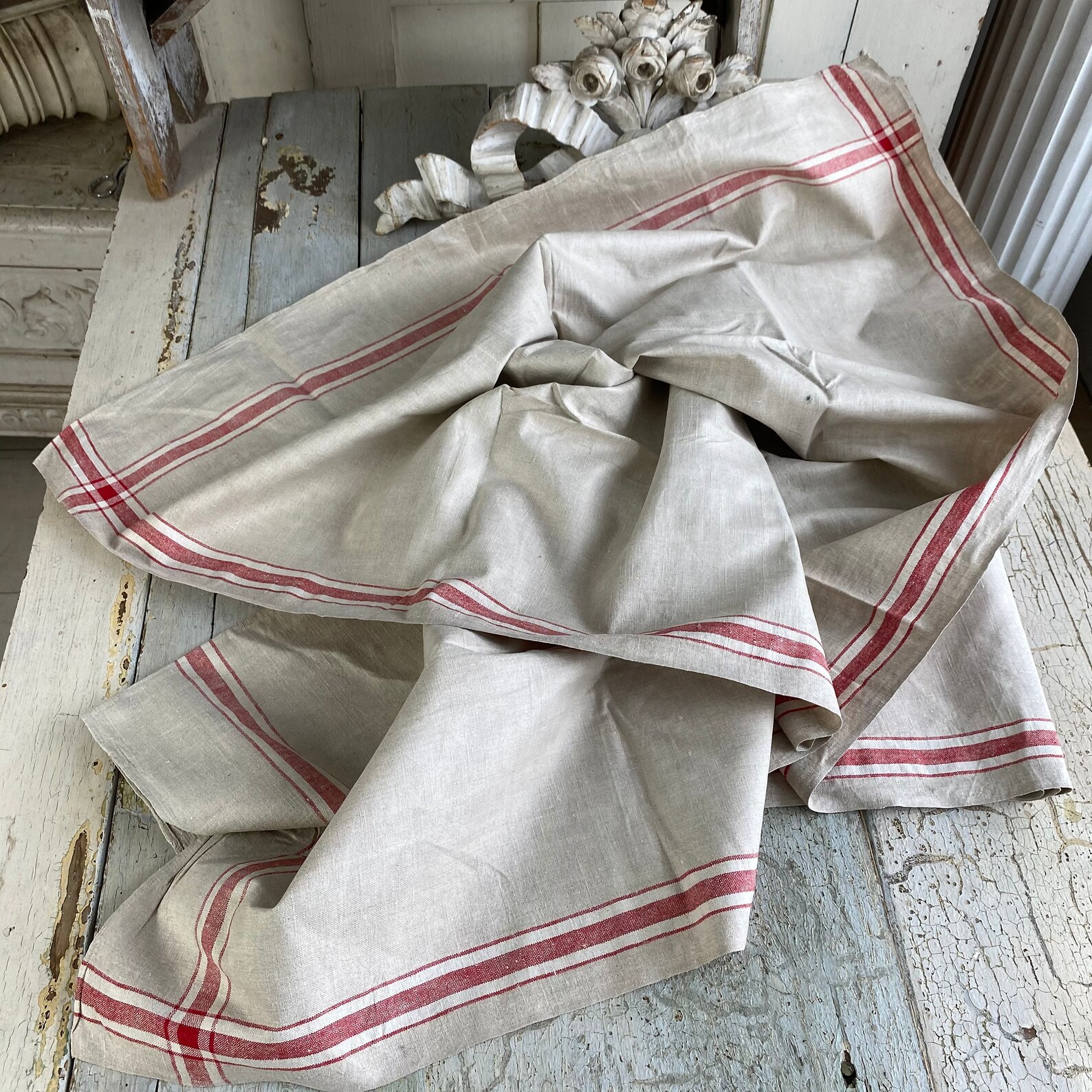 Vintage European Mangle Cloth Linen With Red Stripes Table | Etsy