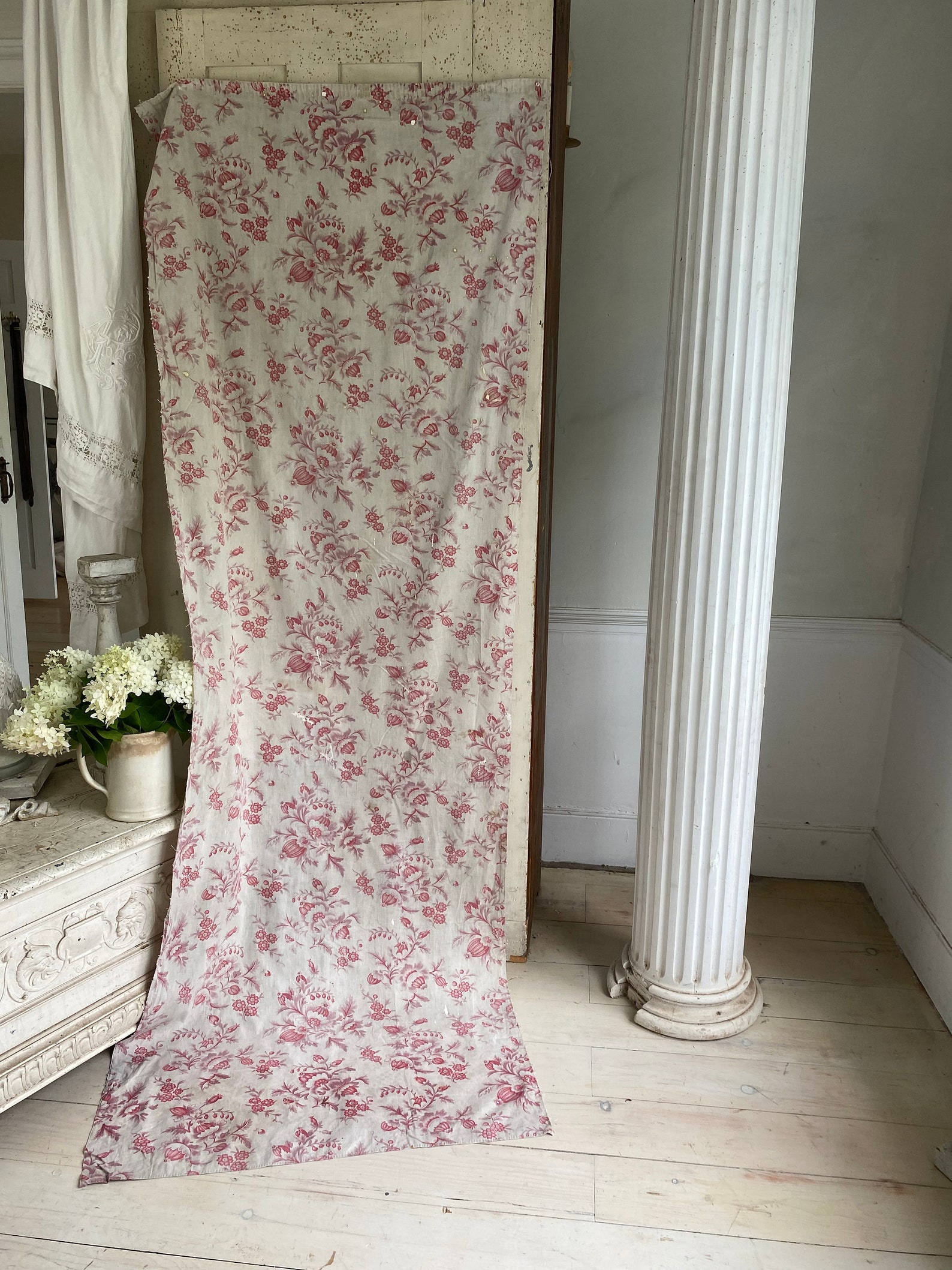 Antique French fabric c1860 faded floral roller printed | Etsy