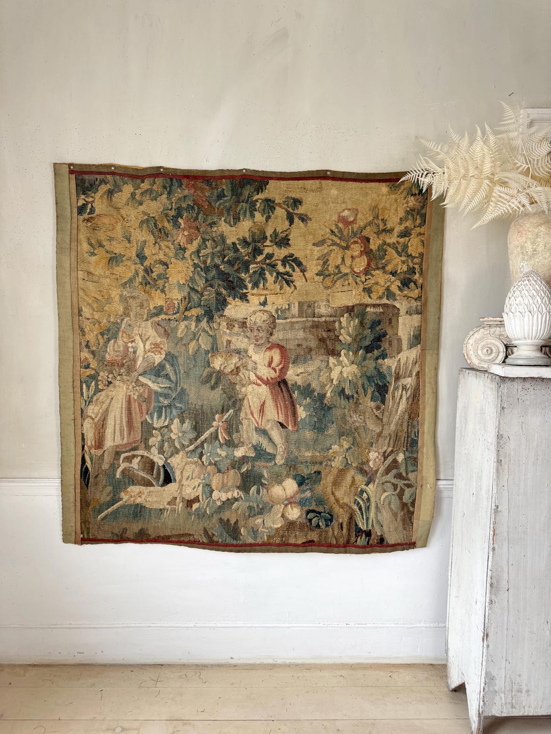 58x58 Antique 18th Century French Tapestry Vertical Verdure Scene Child ...