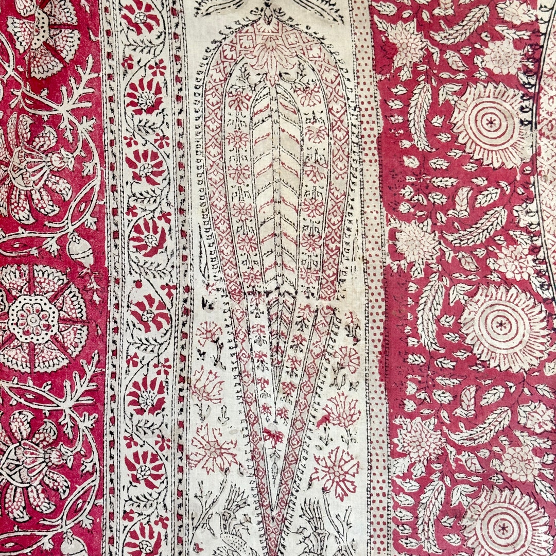 65x53 Indian Vintage Kalamkari Textile Faded Red Black White From India ...