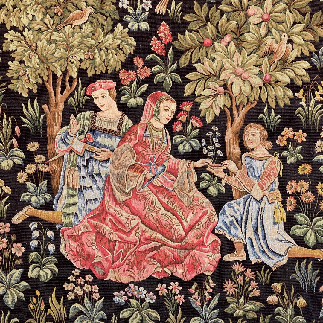 Vintage French 30 X 36 Tapestry Wool Jacquard Weave Black Mediaeval ...