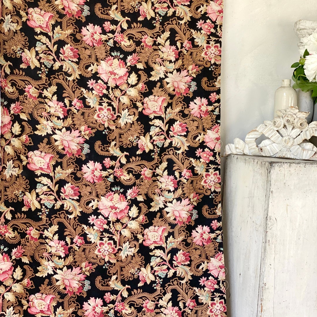 Floral Cretonne Cotton Heavyweight Antique French Material 1890 Black ...