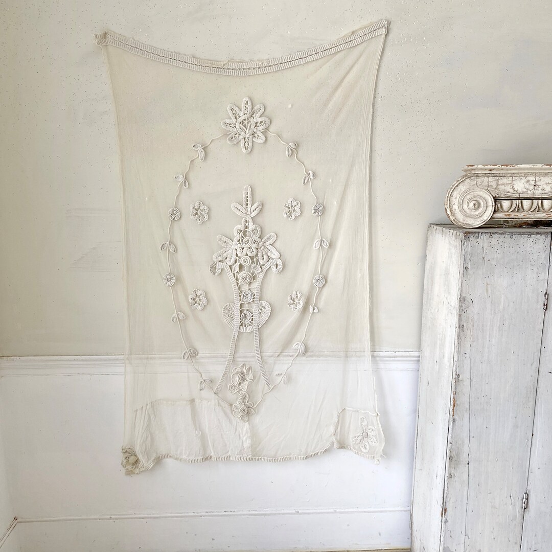 57x46 Antique French Net Curtain Crochet Lace Drape Wall Hanging Shabby ...