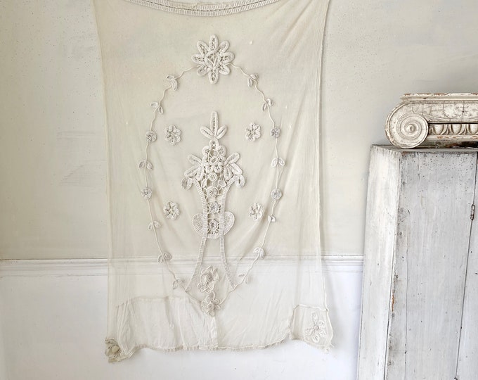 57x46 Antique French Net Curtain Crochet Lace Drape Wall Hanging Shabby ...