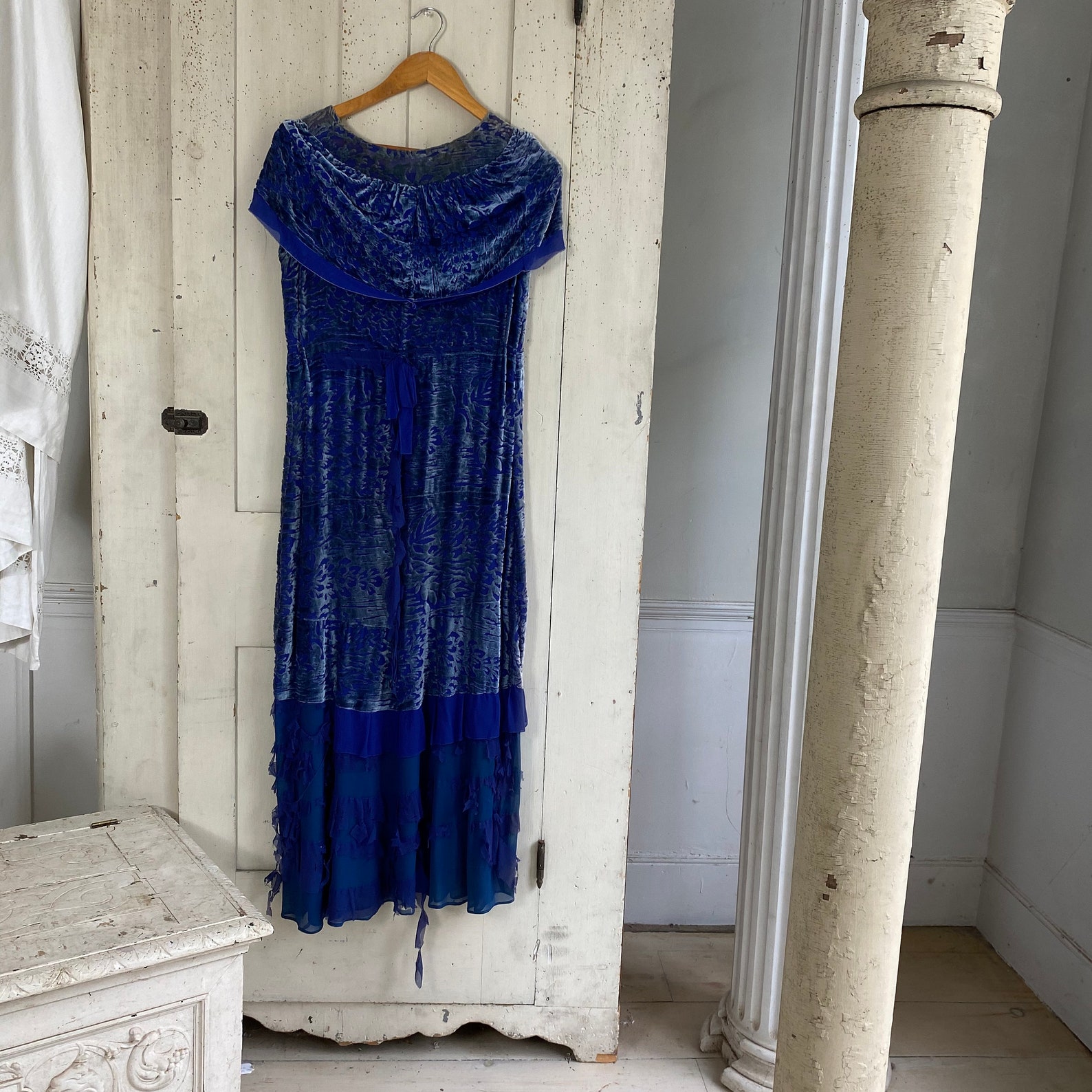 French Vintage Electric Blue Velvet Dress 1920's -1930's Chiffon ...