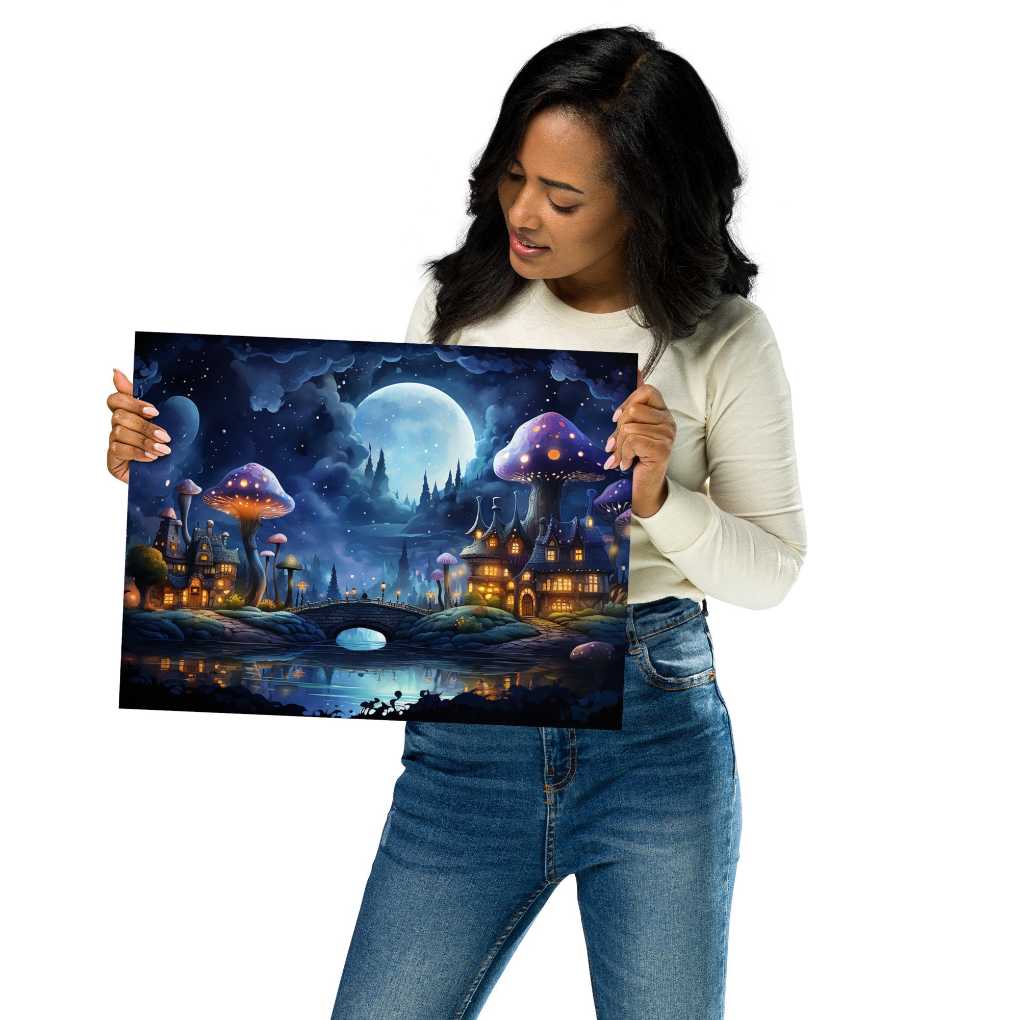 Toadstool Village Nighttime Poster, Fairytale Village Physical Print - Etsy