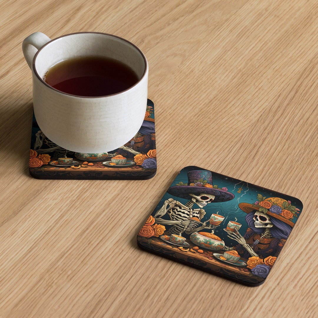 Skeleton Couple Tea Party Cork-back Coaster, Dia De Los Muertos ...