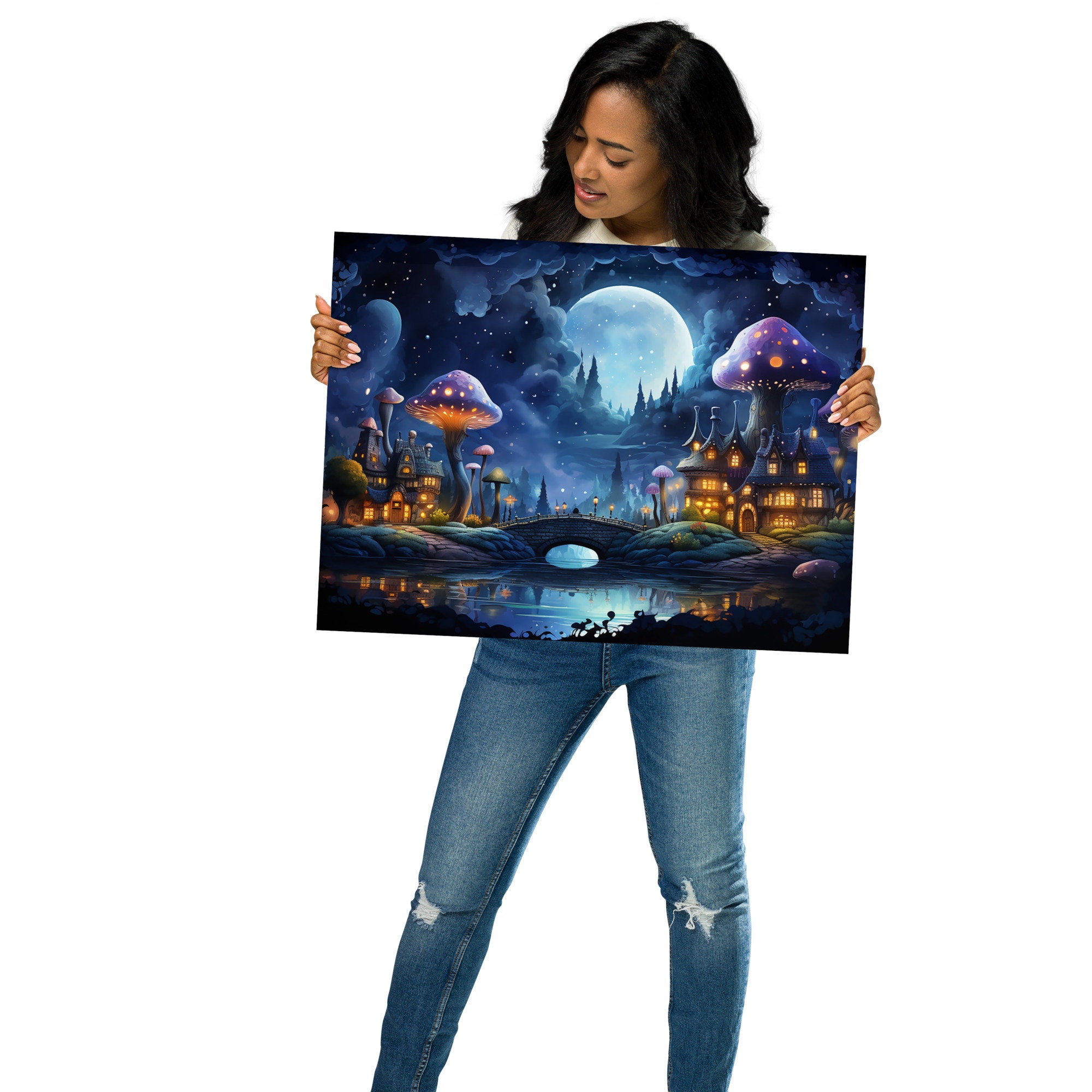 Toadstool Village Nighttime Poster, Fairytale Village Physical Print - Etsy