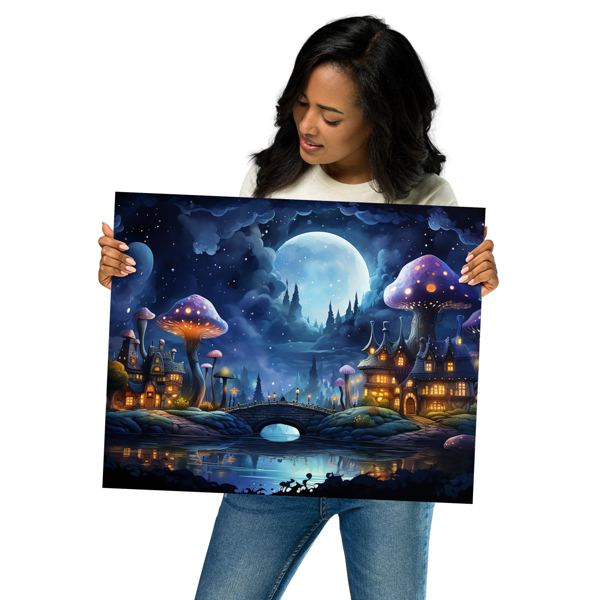 Toadstool Village Nighttime Poster, Fairytale Village Physical Print - Etsy