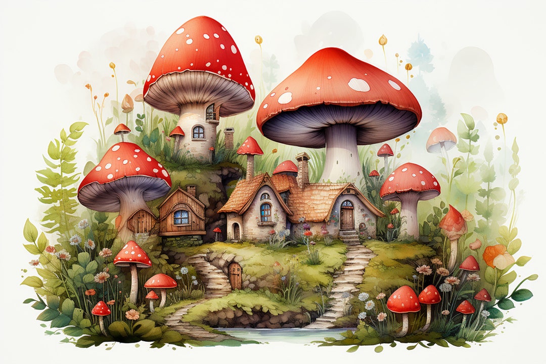 Toadstool Village Poster, Physical Print, Storybook Watercolor Print ...