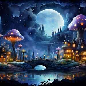 Toadstool Village Nighttime Poster, Fairytale Village Physical Print - Etsy