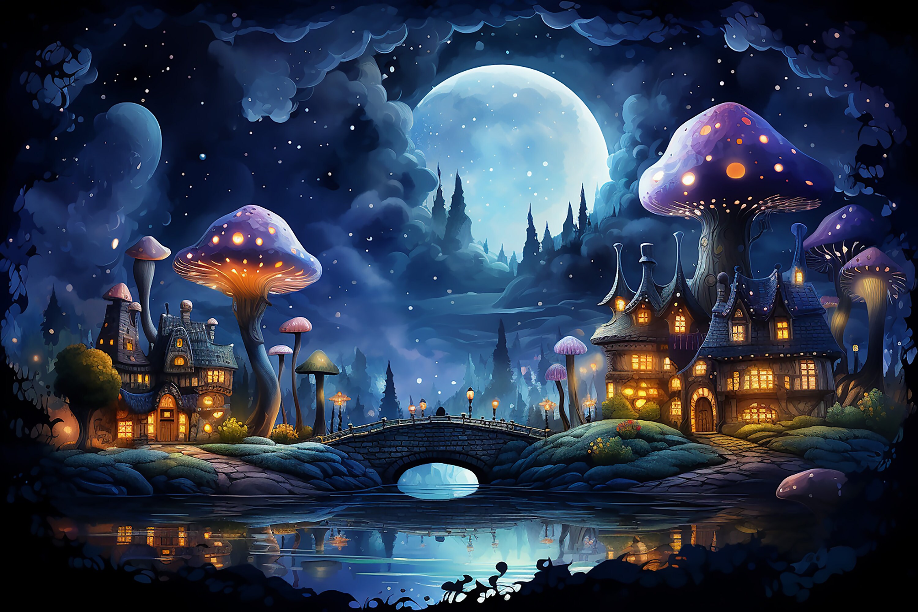 Toadstool Village Nighttime Poster, Fairytale Village Physical Print - Etsy