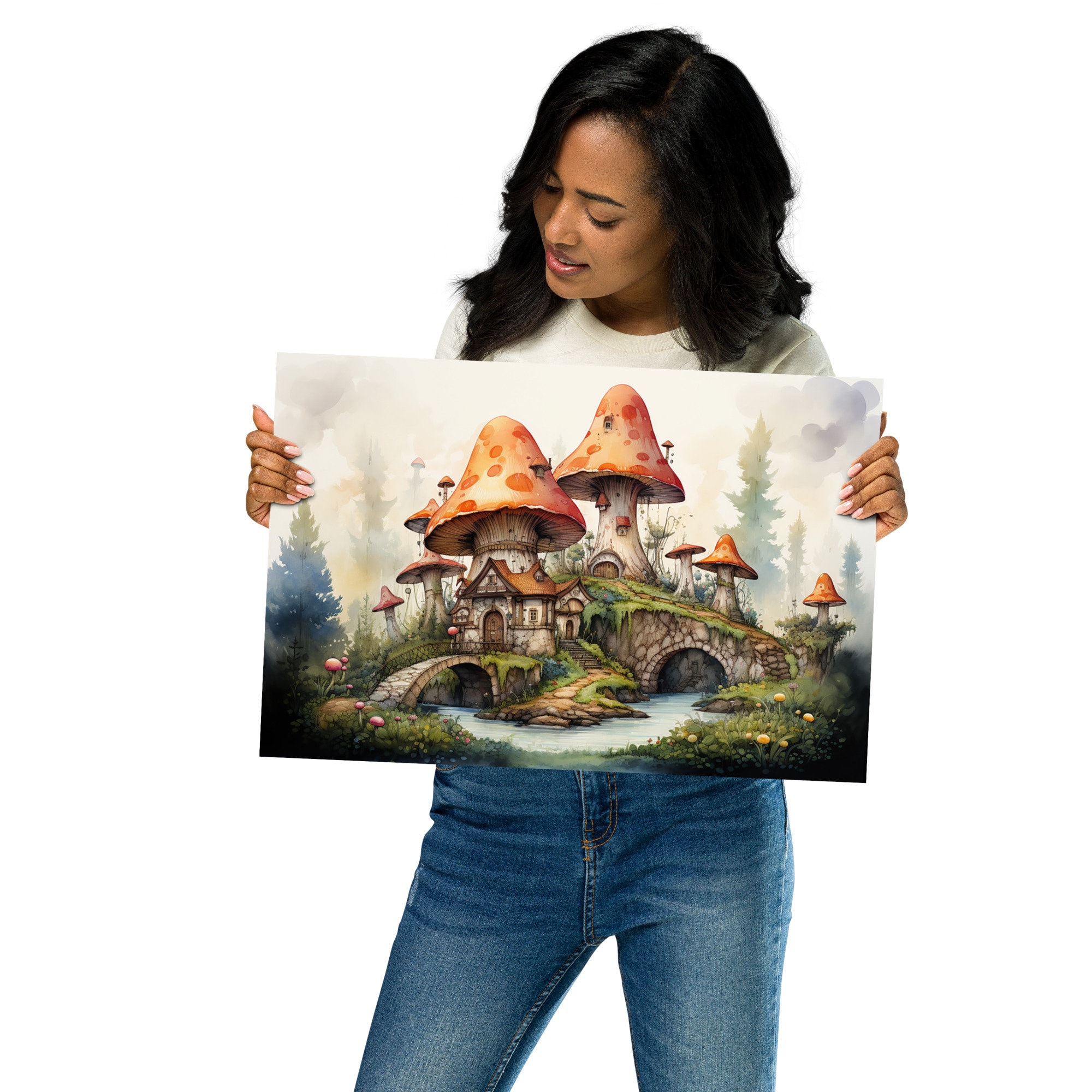 Toadstool Village in Watercolor Poster, Fairy Art, Mushroom ...