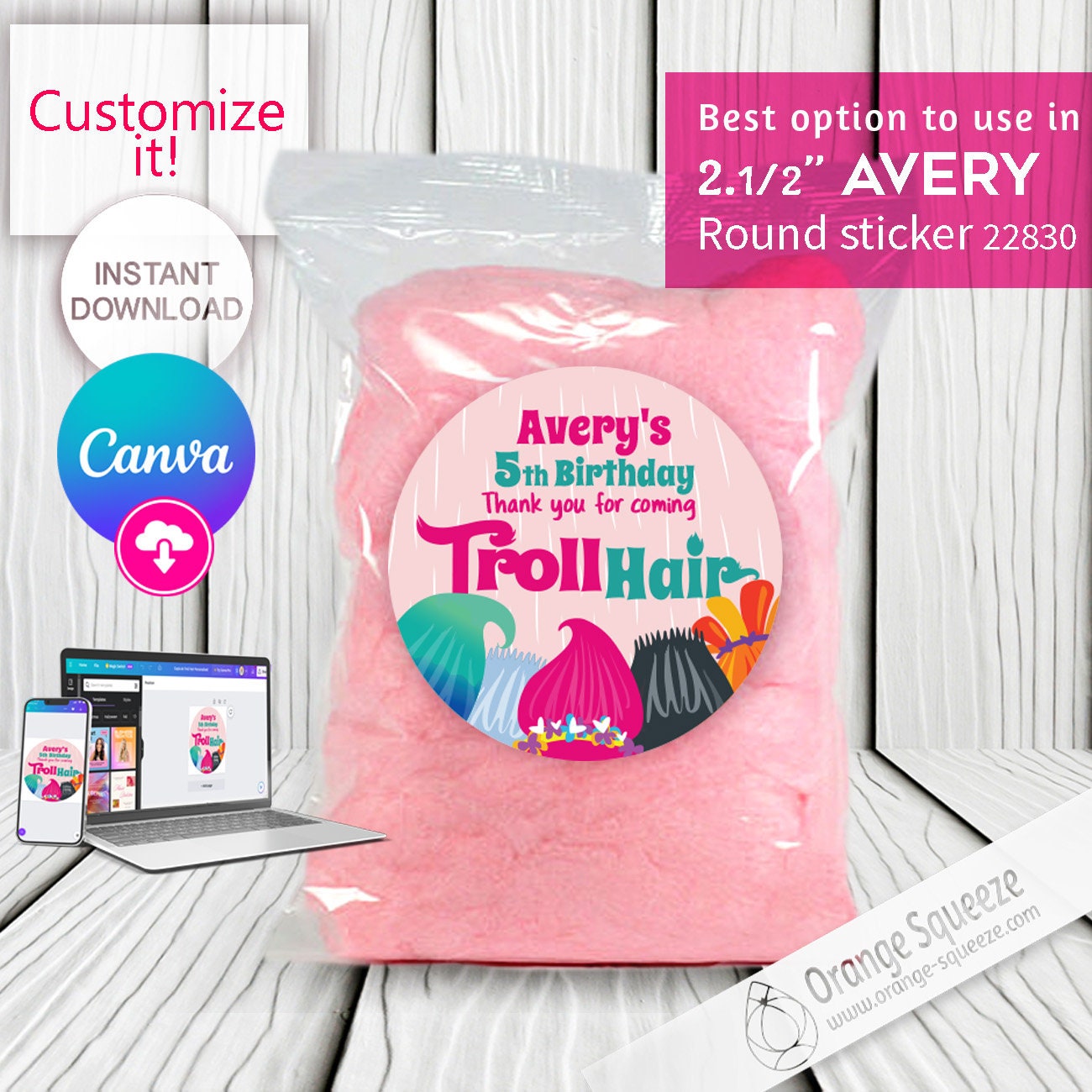 Trolls Birthday Cotton Candy Labels | 2.5” Round Party Favor Stickers ...