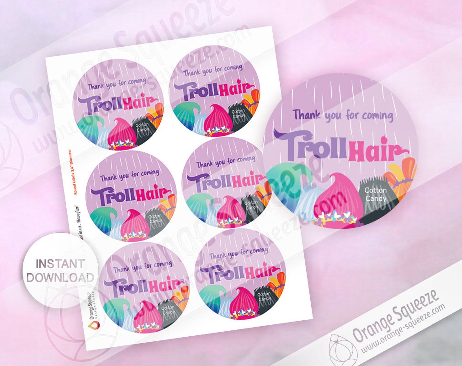 Trolls Cotton Candy Labels, Trolls Hair, Birthday Party (printable PDF ...