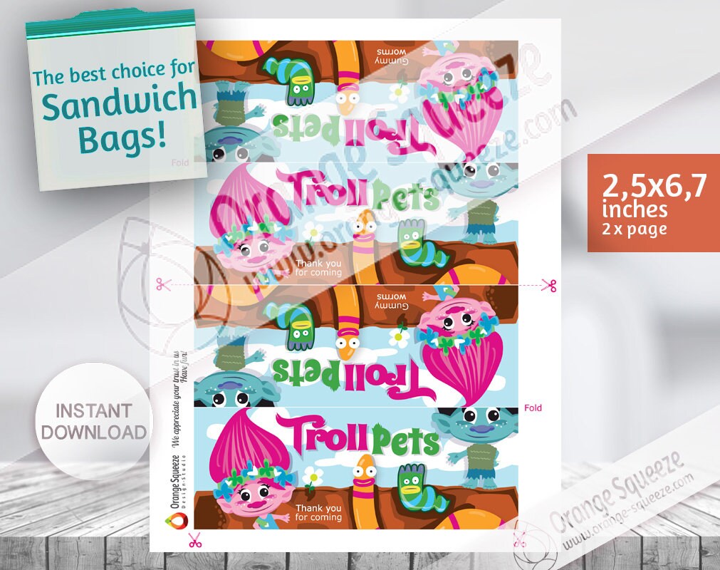 Trolls Party Treat Bag Toppers | Birthday Party Favor Labels | Instant ...