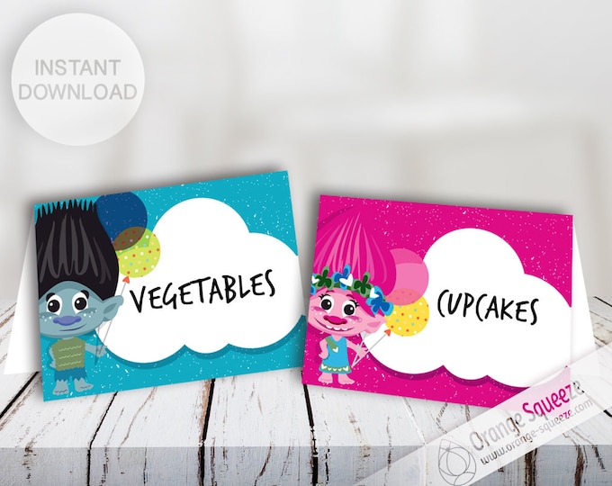 18 Trolls Inspired PREFILLED (NOT EDITABLE) Printable Party Tented Food ...