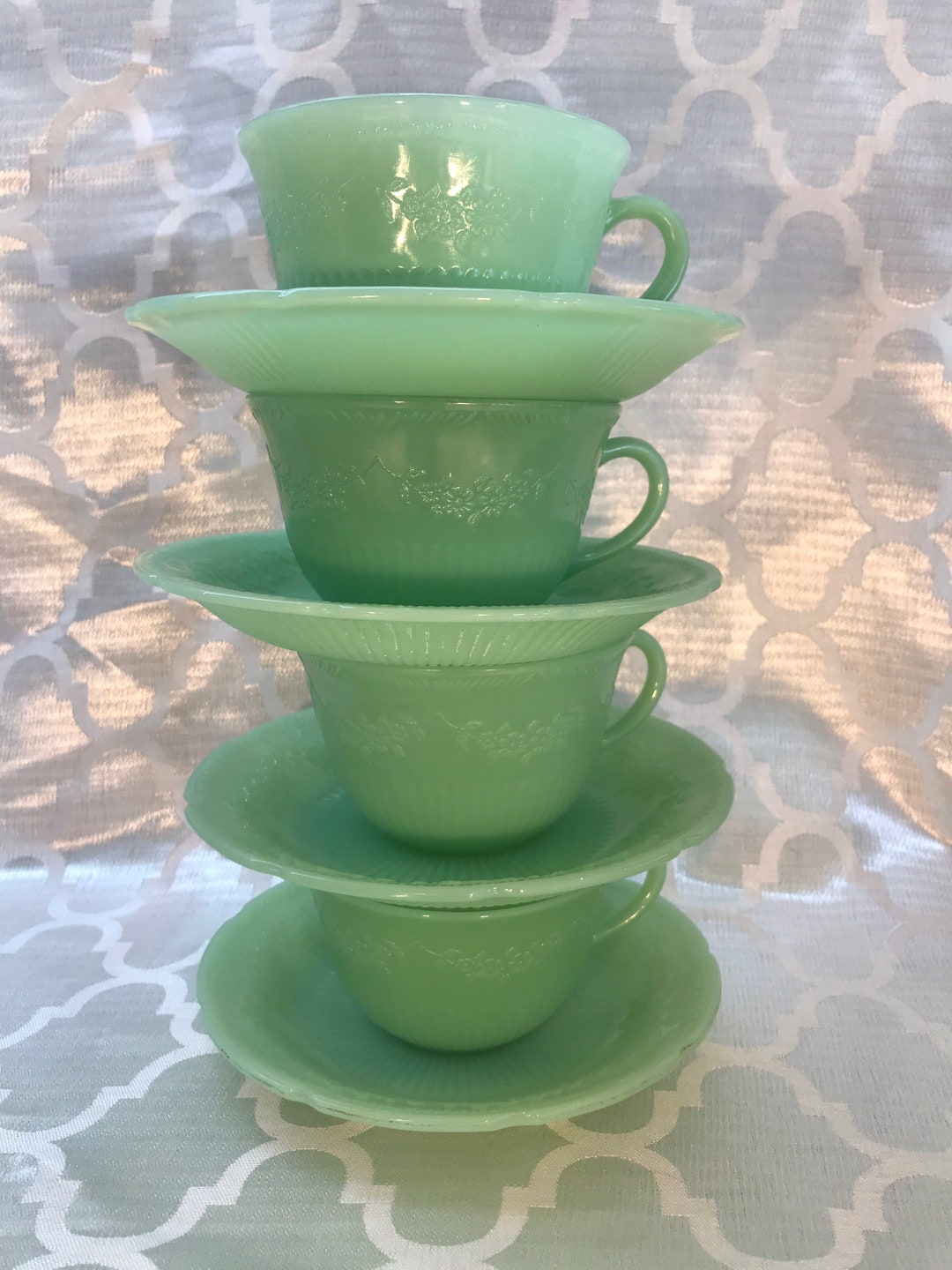 Set of 4 Fire King Alice Jadeite Cups and Saucers Like New - Etsy