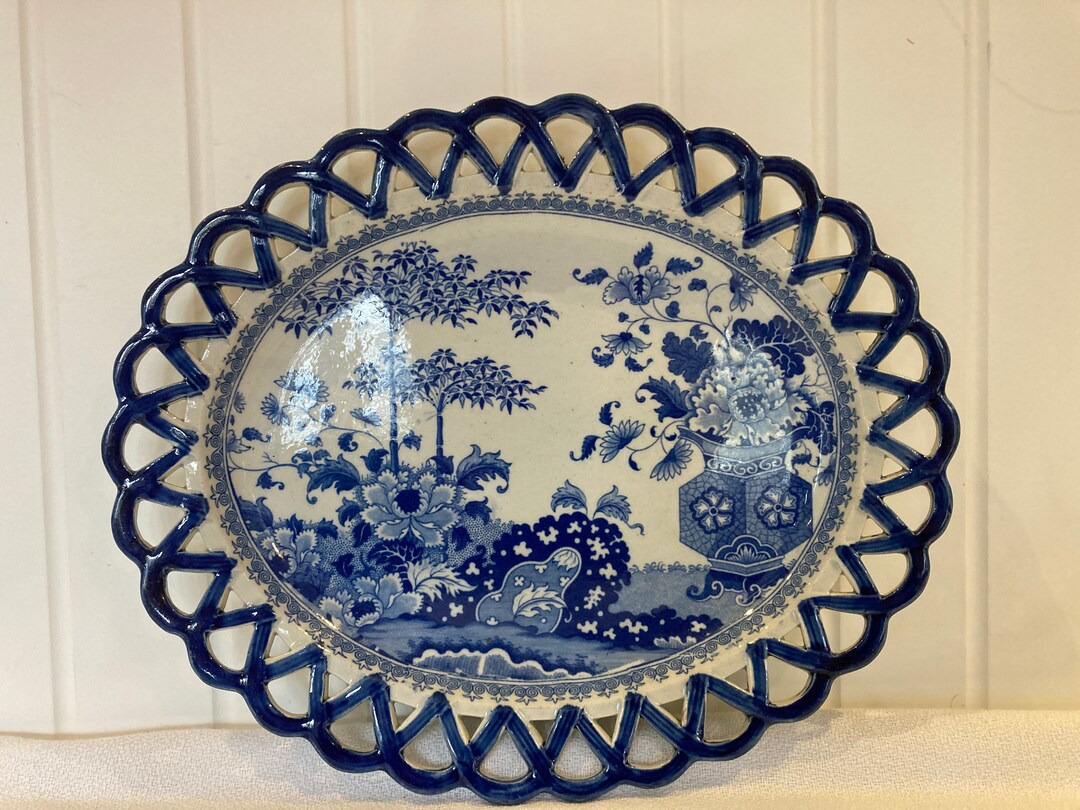 Vhtf Blue Transfer Ware Semi China Laced Edge Oval Plate Chinese ...