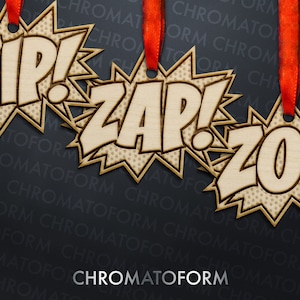 Zip Zap Zop Improv Comic Book Style Set of 3 Wooden Ornaments Laser ...