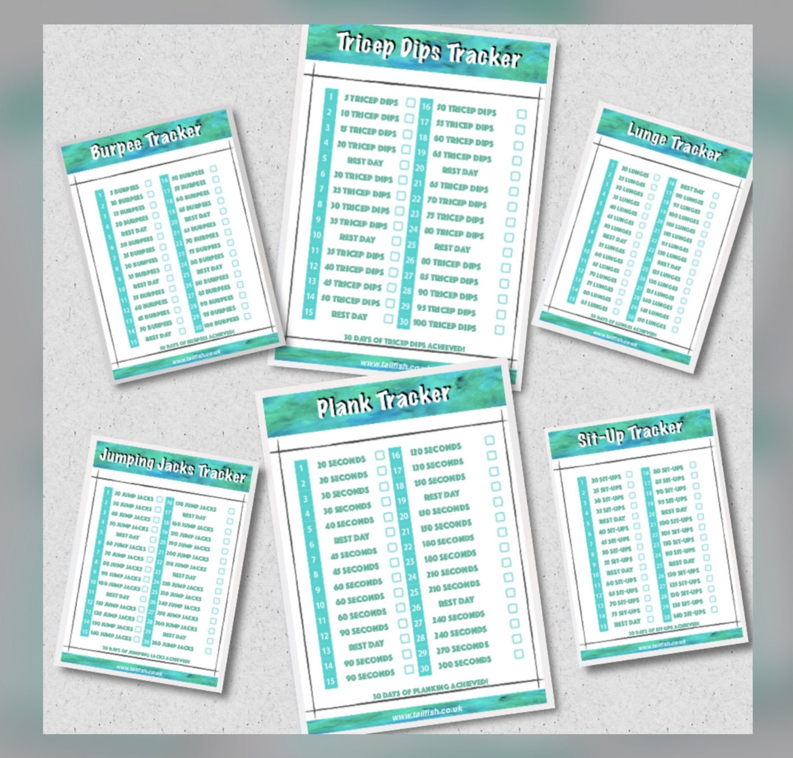 All 12 Exercise Trackers 30 Day Challenge Printable PDF Seaswirl Design ...