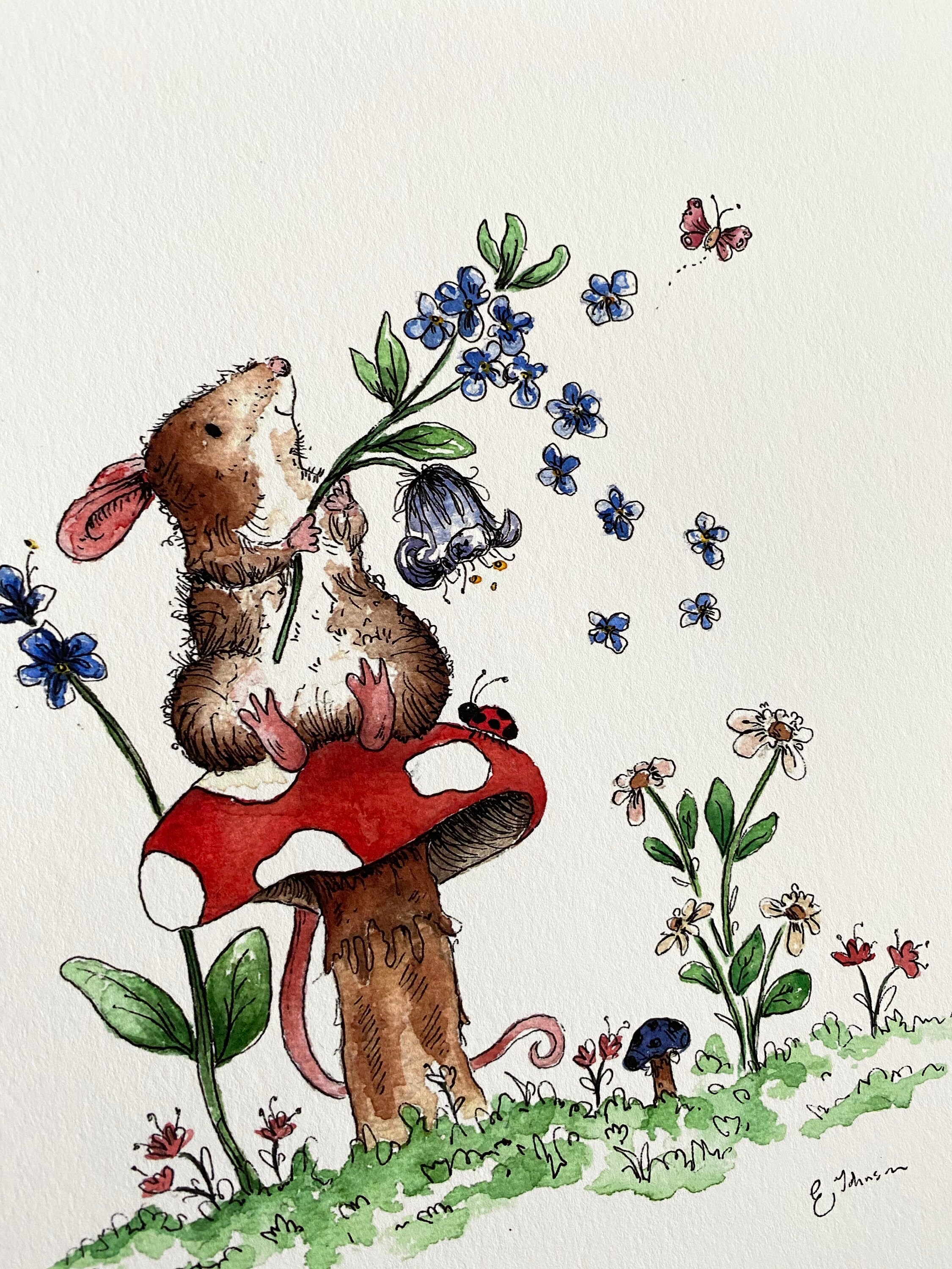 Mouse Sat on Toadstool A4 Print. - Etsy UK
