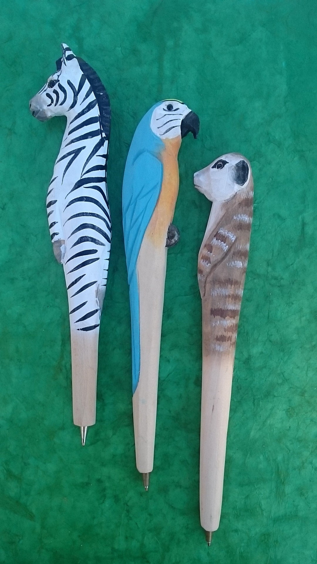 Linden Wood Pen, Carved Pen, Animal Head, Zebra, Meerkat, Parrot, Macaw ...
