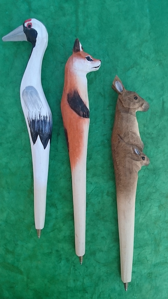 Wood Pen Carved Pen Animal Head Kangaroo Crane Fox | Etsy