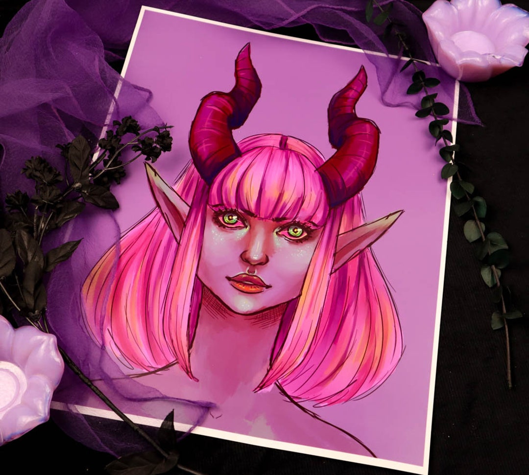 Print "anya", Pastel Goth Fantasy Artwork, Pink Horned Magical Girl ...
