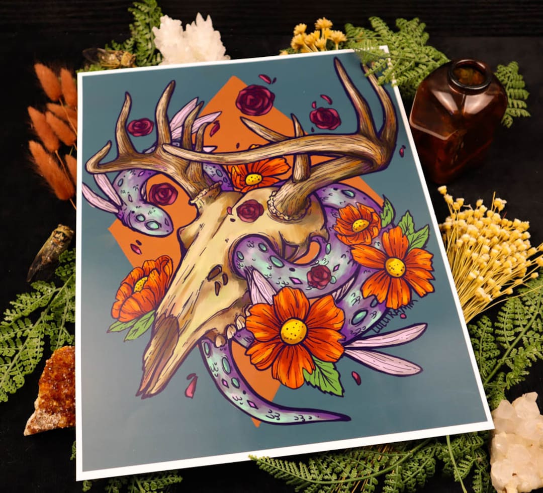 Fantasy "deer Skull" Print, Macabre Artwork, Magical Serpent and Deer ...