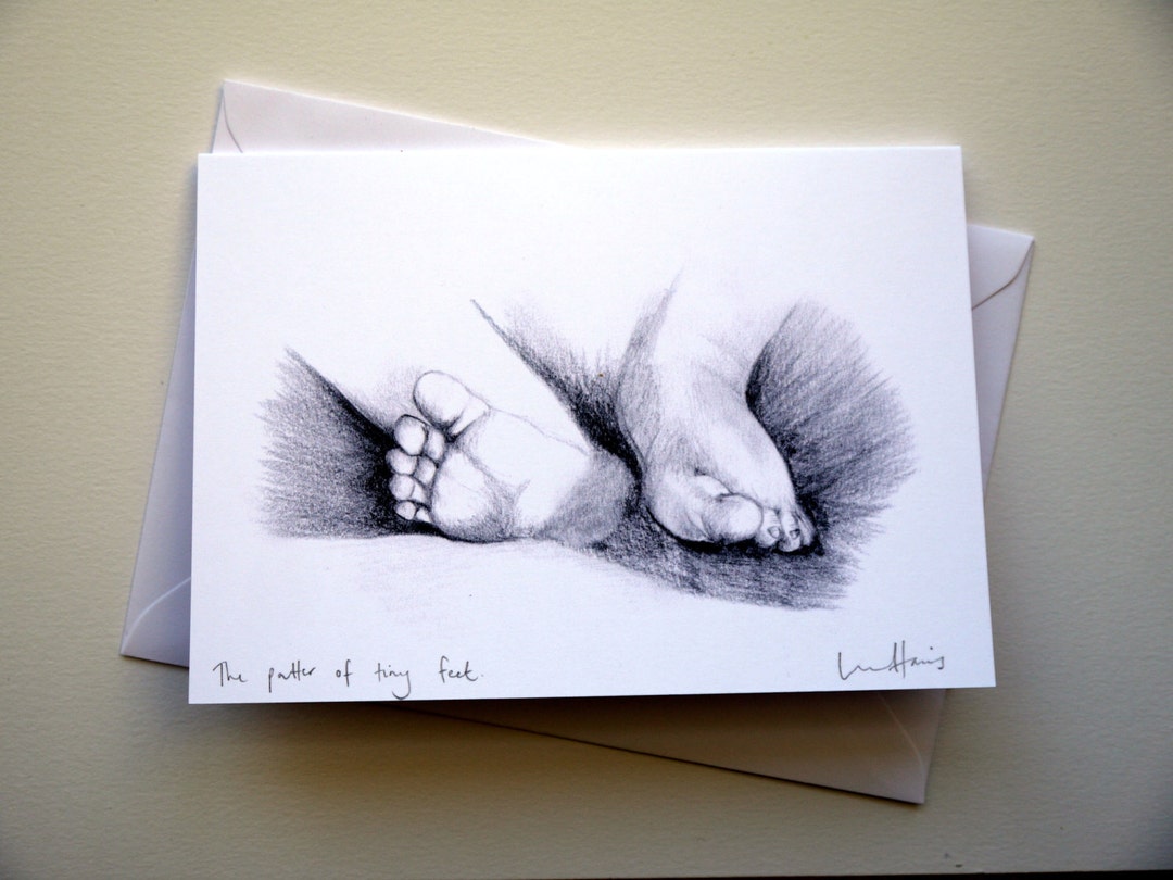 Handmade Pencil Drawing // New Baby Card // the Patter of Tiny Feet ...