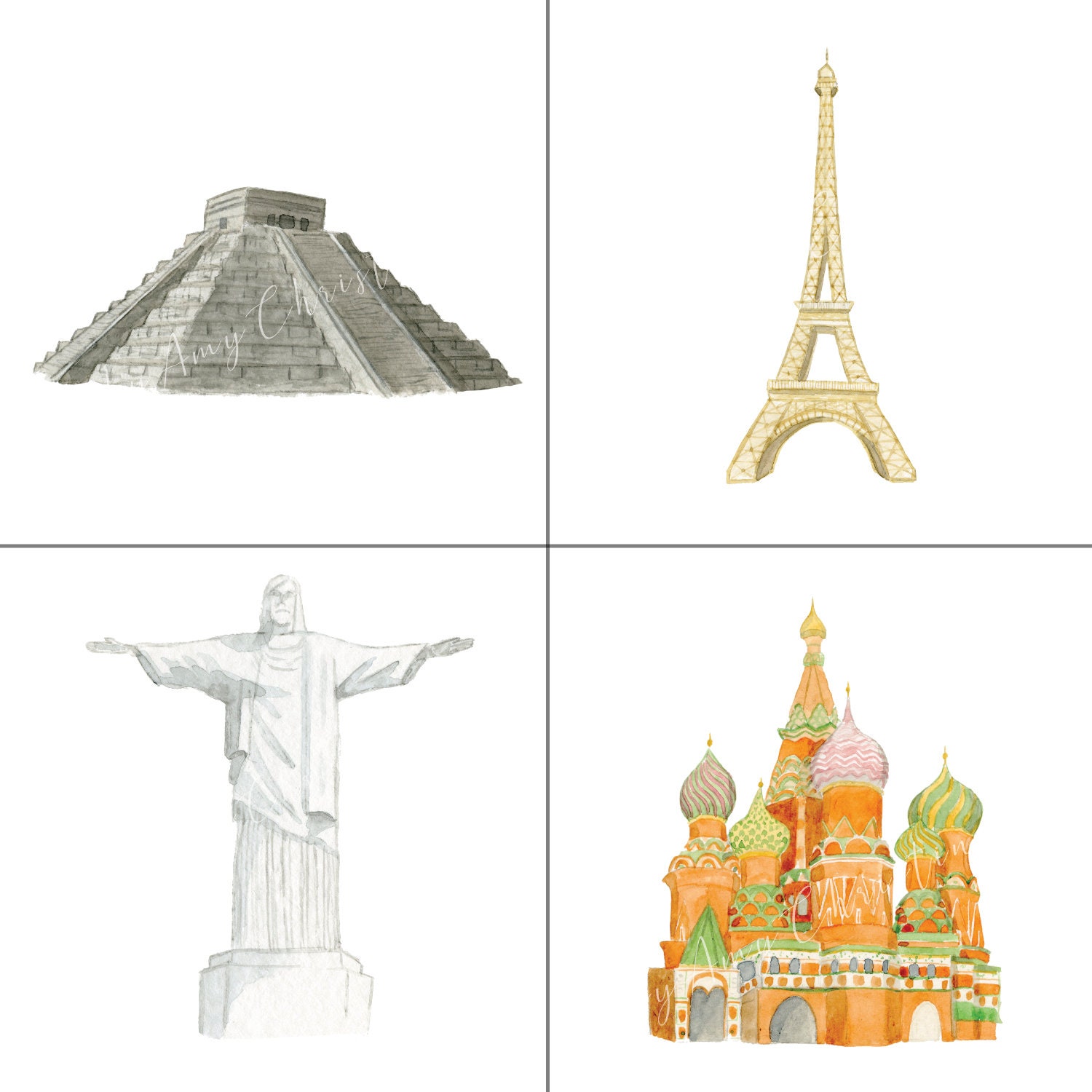 14 World Landmark Clipart World Monuments Watercolor Travel - Etsy