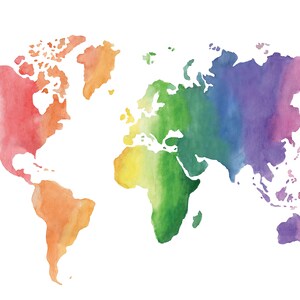 Rainbow World Map, Watercolor Map, World Map Painting, Classroom Decor ...