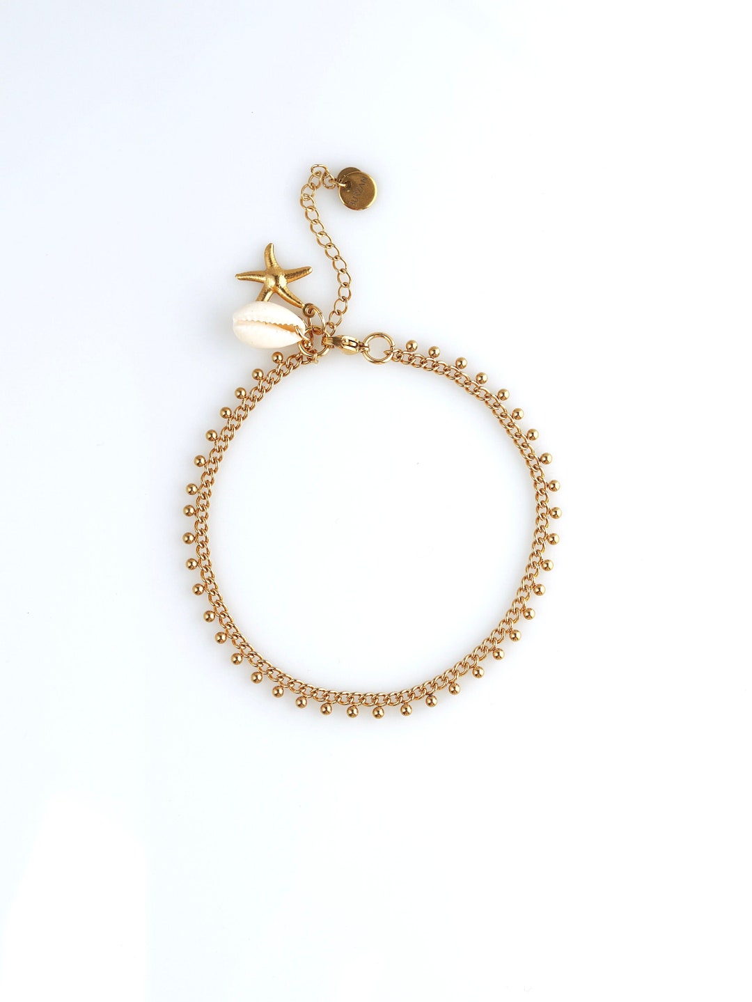 Ocean Gold Anklet, Oriental Bead Ball Chain, Cowrie Shell Starfish ...