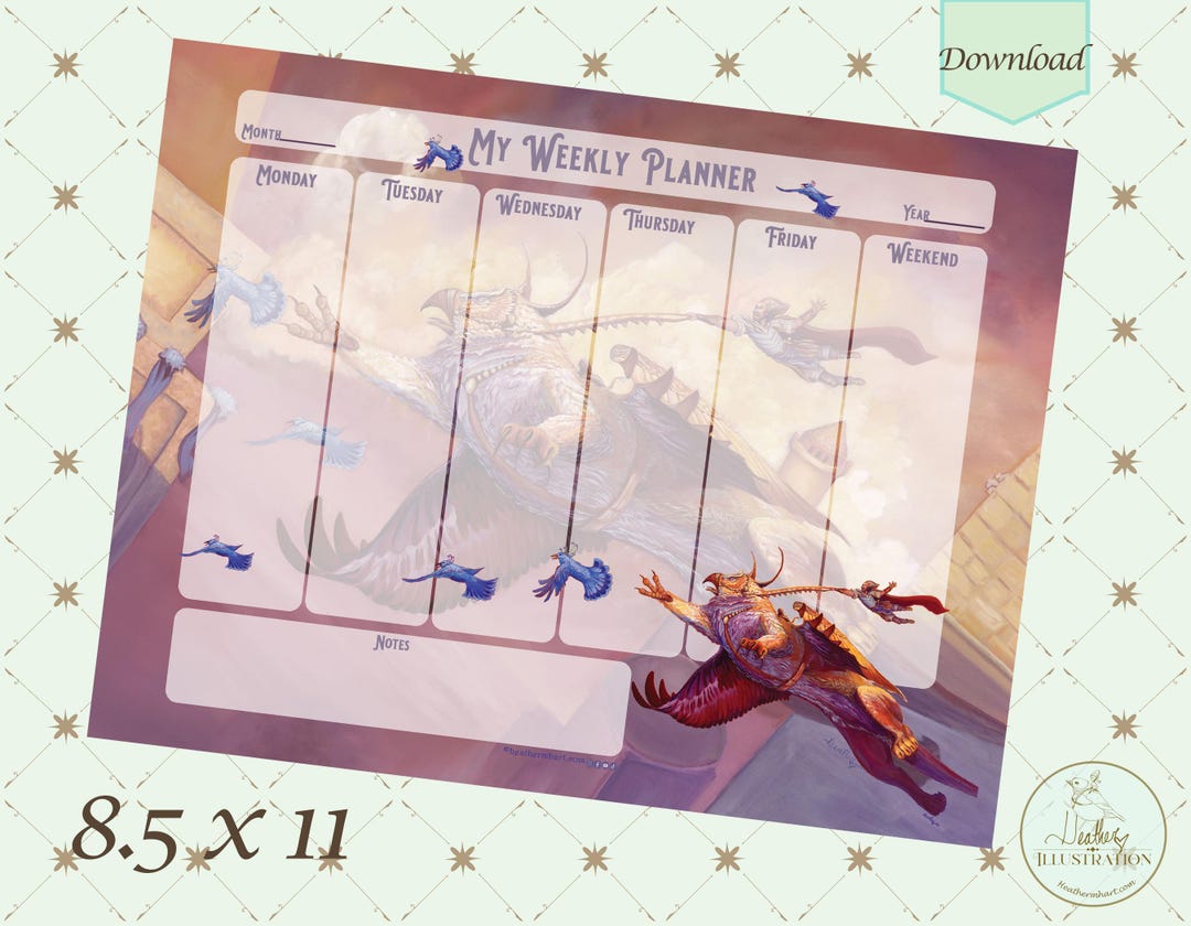 Hang in There! Printable Weekly Planner, Fantasy Art, Gryphon, 8.5x11 ...