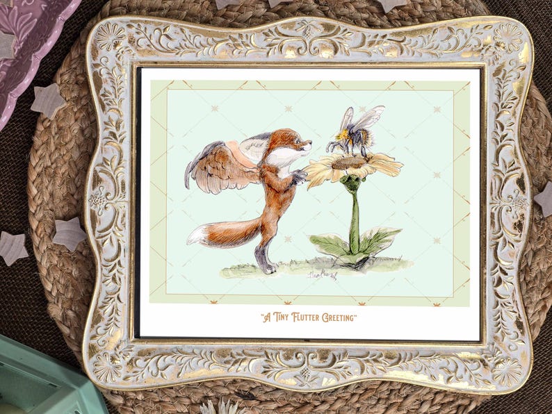 Winged Fox Art Print: A Tiny Flutter Greeting With Bumblebee (8x10 ...