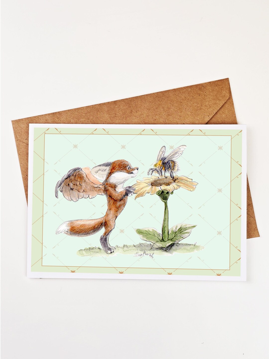 Winged Fox Kit & Bumblebee Sunflower Greeting Card - Nature Friendship ...