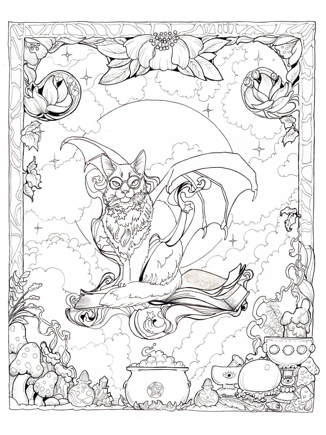 Cat With Dragon Wings Coloring Page, Witch, Magic Spell, Full Moon ...