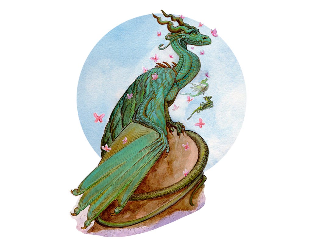 Fantasy Jade Green Dragon Sticker. Cherry Blossom Grove Dragon ...