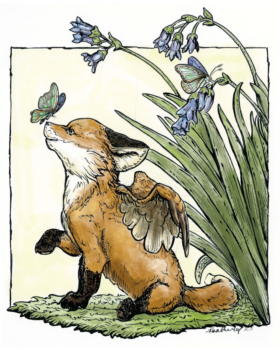 Winged Fox Kit & Butterfly Art Print - Fantasy Illustration, Spring ...