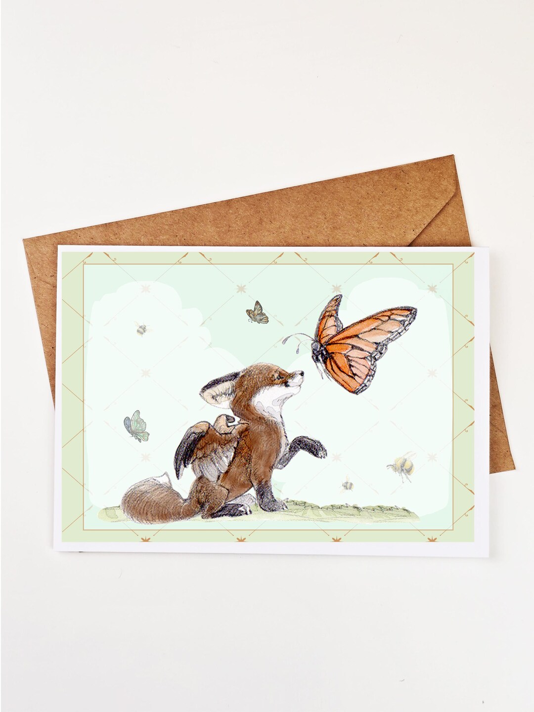 Winged Fox & Monarch Greeting Card - Watercolor Friendship, Nature Art ...