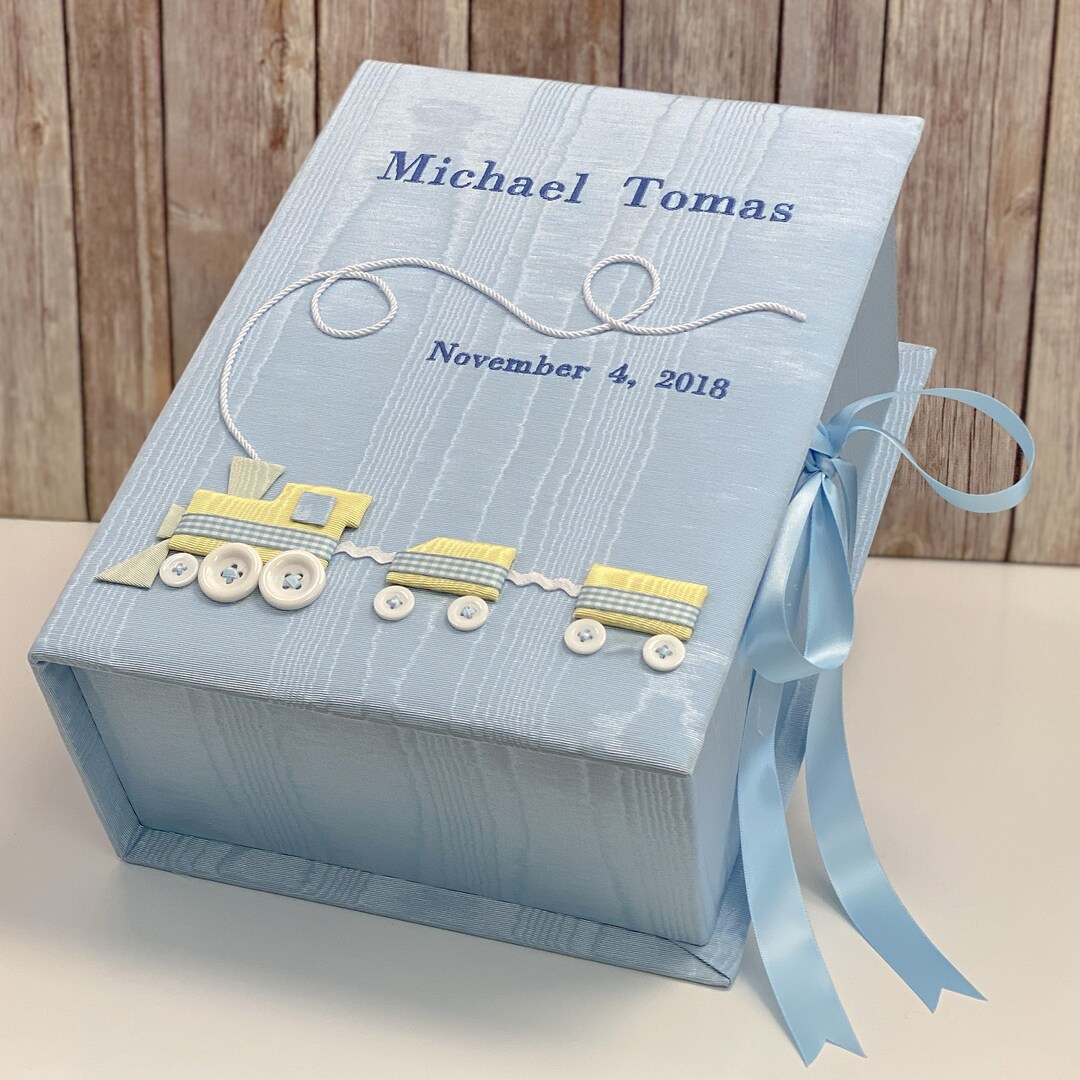 Medium Baby Keepsake Box With Choo Choo Train on Moiré // Trains Baby ...