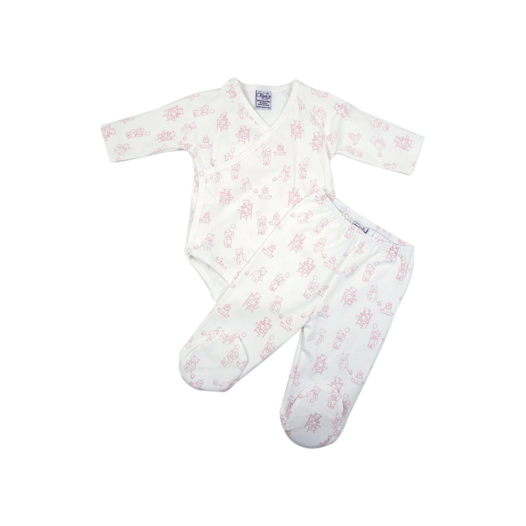 Pink Teddy Bear Pima Cotton Baby Set | Kimono Bodysuit & Footed Pants ...